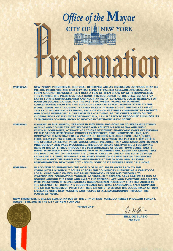 Read The Official "Phish Day" Proclamation From NYC Mayor Bill De Blasio
